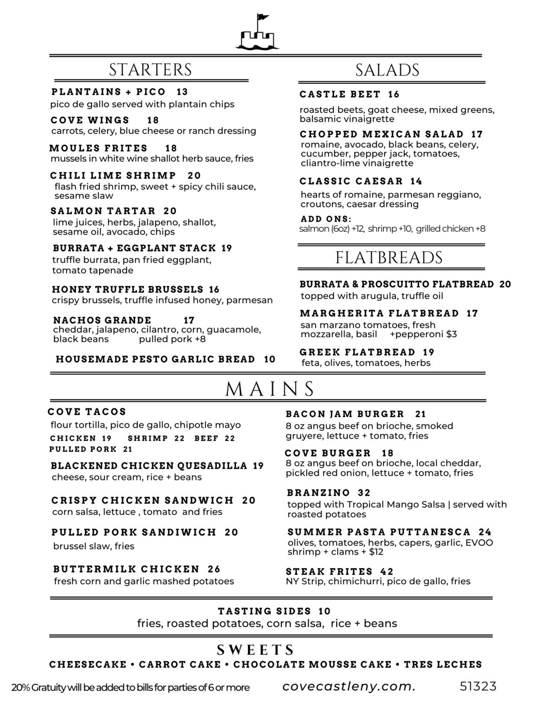 Our Menu - Cove Castle - Greenwood Lake's Ultimate Waterfront Dining