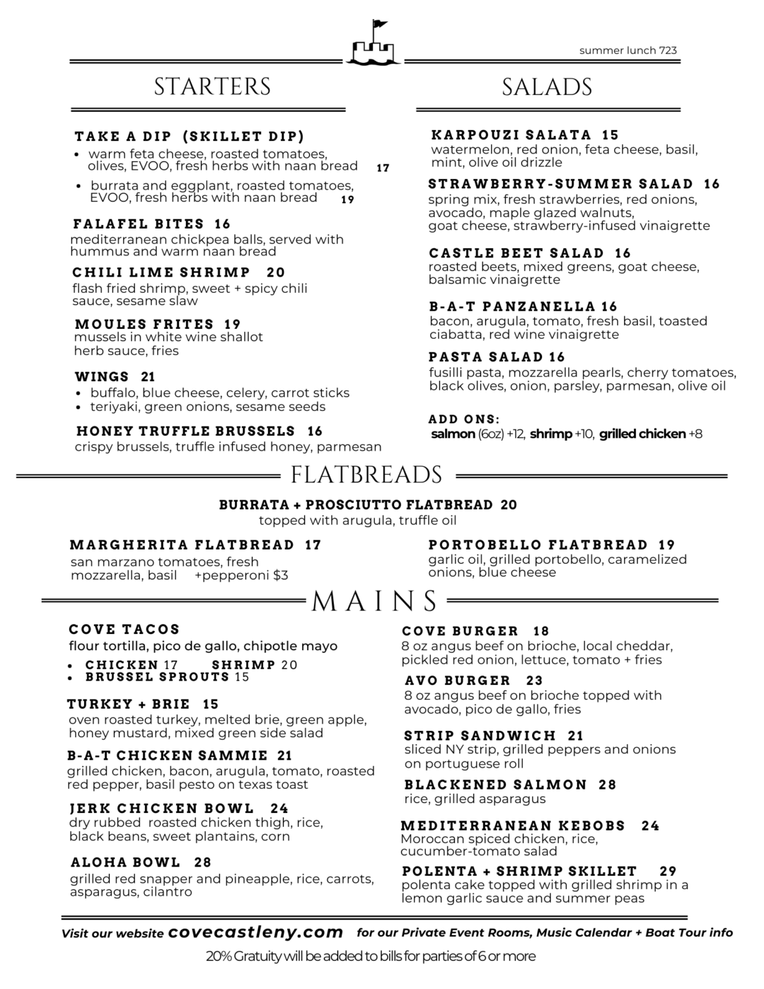 Our Menu - Cove Castle - Greenwood Lake's Ultimate Waterfront Dining